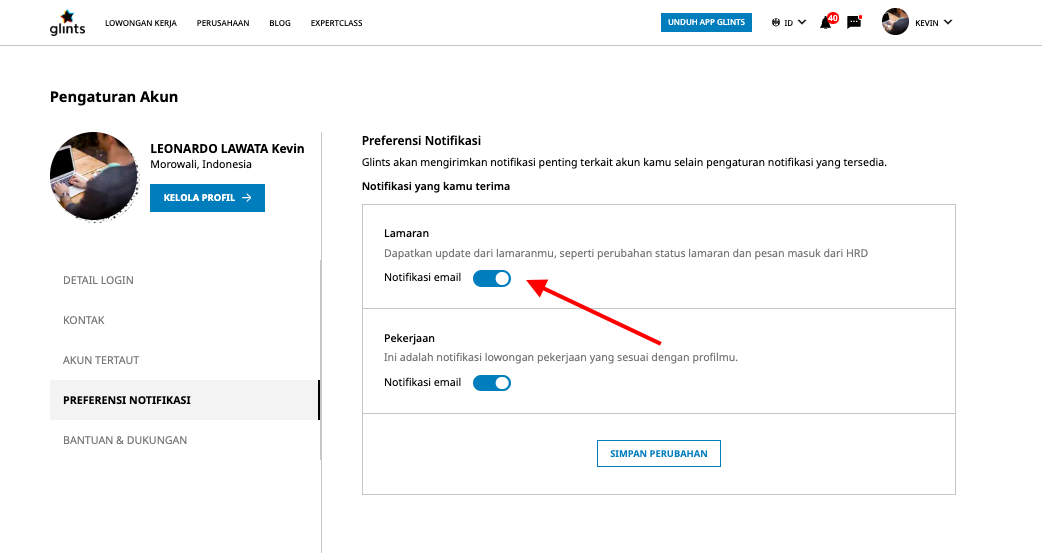 Notifikasi status lamaran kerja dalam Chat untuk Melamar di aplikasi ...